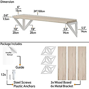 Wallniture Minori Floating Shelves for Wall Storage, Floating Bookshelf Set of 3 for Living Room Decor, 24"x6" Natural Wood Wall Shelves with White Brackets