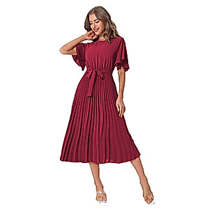 Milumia Women's Elegant Belted Pleated Flounce Sleeve Long Dress Burgundy Large