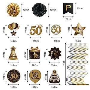 BRT Bearingshui Happy 50th Birthday Hanging Swirls Streamers Decoration Set, Happy Birthday Banner with Tissue Pompoms, Black and Gold 50 Years Old Birthday Party Hanging Backdrop Decorations