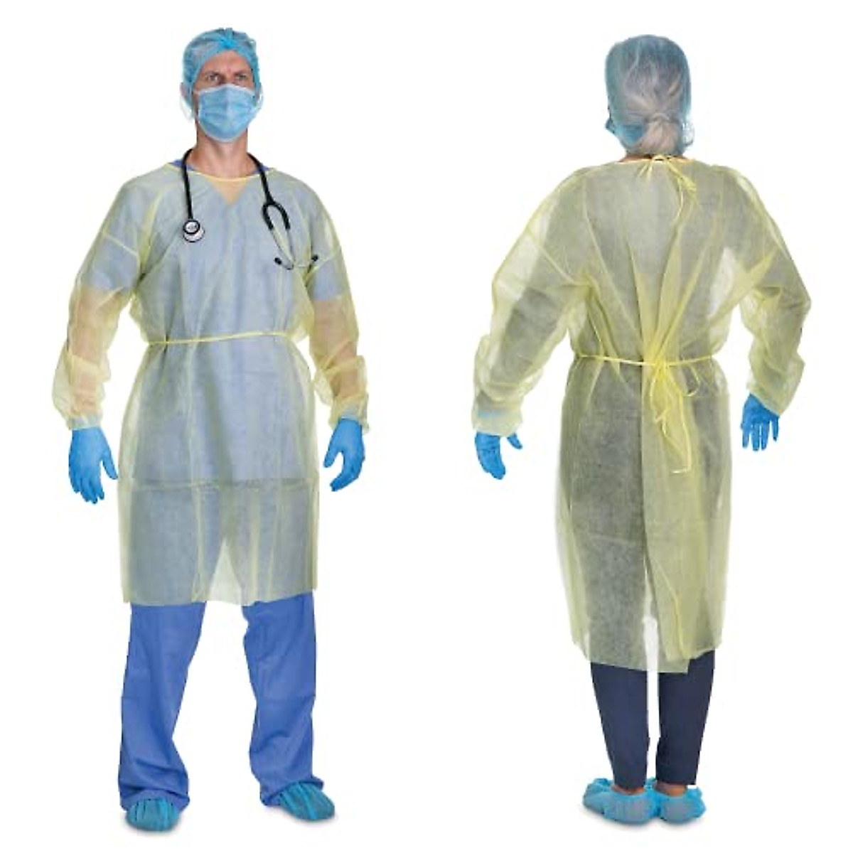 Disposable Isolation Gown | Yellow | One Size Fits All | Fluid Resistant Protective Gowns (10 Pack)