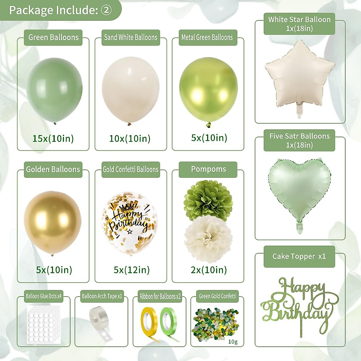 Sage Green Birthday Decorations, Green Gold Balloons Birthday Party Decorations Happy Birthday Banner Green Fringe Curtain Tablecloth Birthday Crown Sash Paper Pom Poms for Girls Women Birthday Decor