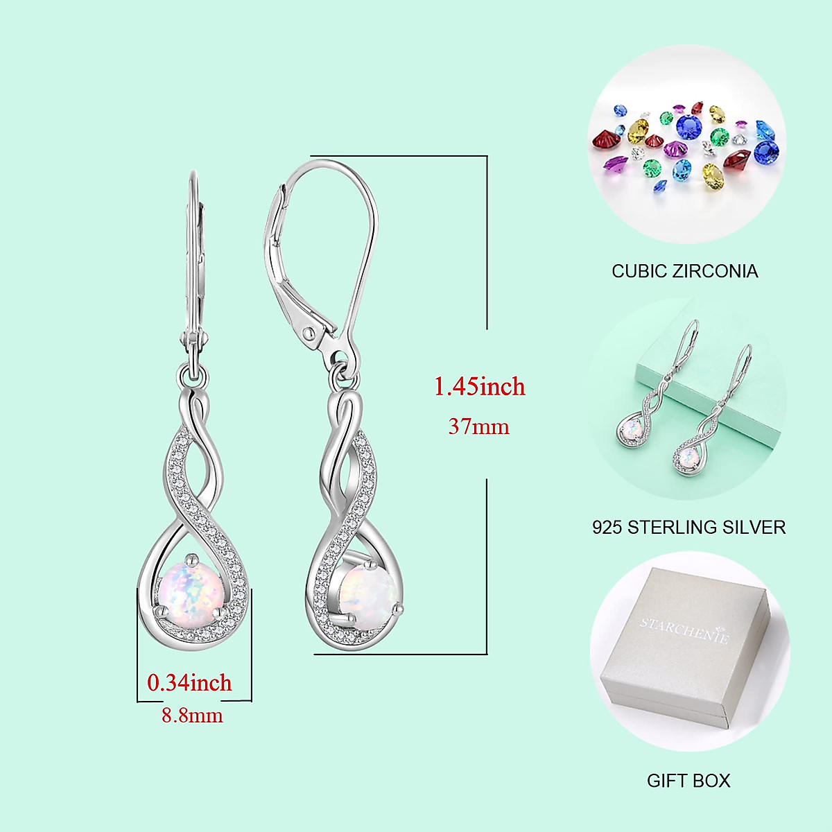 Starchenie Opal Earrings 925 Sterling Silver Infinity Dangle Earrings Birthstone Jewelry for Women
