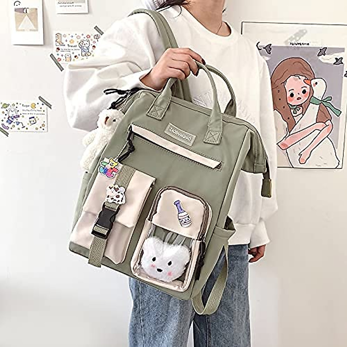 Kawaii Backpack with Kawaii Pin and Accessories Backpack Cute Aesthetic Backpack Cute Kawaii Backpack for School (Green)