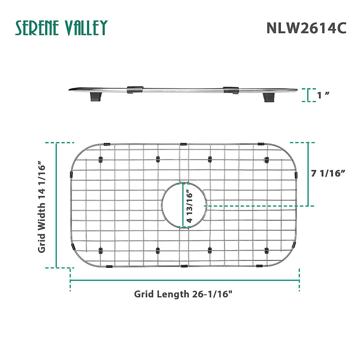 Serene Valley Sink Protector Grid 26-1/16" x 14-1/16", Centered Drain with Corner Radius 3-1/2", 304 Stainless Steel Material NLW2614C