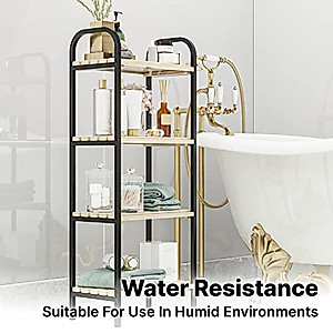BENOLDY 4-Tier Metal Frame Bathroom Storage Shelf with Waterproof Varnished Pine Wood Shelves, Modern Space Saving Organizer for Bathroom, Kitchen, Bedroom, Office, Hallway