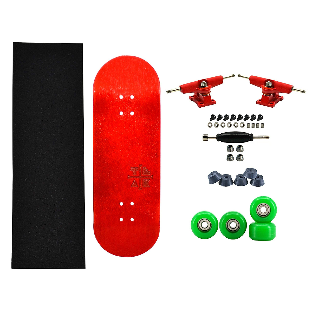 Teak Tuning Prolific Complete Fingerboard with Upgraded Components, Watermelon Edition - Pro Board Shape and Size, Bearing Wheels, Trucks, and Locknuts - 32mm x 97mm Handmade Wooden Board