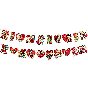 2Pcs Valentine's Day Decorations Vintage Style Hanging Banner Garland, 20 Styles Patterns Hanging Cards Banner with Rope, Valentine Party Supplies Decorations for Wedding Anniversary Engagement Decor