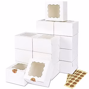 Moretoes 50pcs 4x4x2.5 Inches White Bakery Boxes with Window, Cookie Boxes, Mini Cake Boxes, Dessert, Pastry, Small Treat Boxes