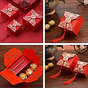 KESYOO 20pcs Wedding Party Favor Boxes Chinese Style Xi Candy Chocolate Gift Boxes with Tassels for Wedding Baby Shower Birthday Party (Red) L