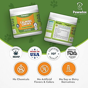 Pawadox - Hemp Calming Chews for Dogs, Easy to Digest, Made from Organic Hemp, Chamomile, Passion Flower for Dog Anxiety Relief, SQF Certified Facility, Tasty Duck Flavor - 120 Soft Chews