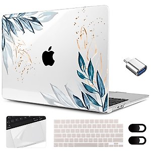 MEEgoodo for M3 MacBook Air 15 inch Case 2024 2023,Clear Case Fit Model A3114 A2941 with M3/M2, Laptop Hard Shell with Keyboard Cover & Camera Cover & OTG Adapter for 15.3-inch, Blue Watercolor Nature