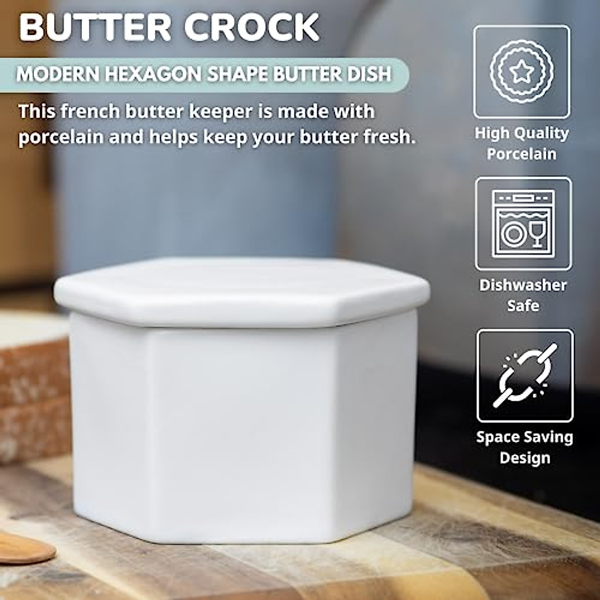 French Butter Crock w/Lid & Wood Spreading Knife - White Modern Butter Keeper for Counter - Modern Hexagon Shape Butter Dish - Stoneware Butter Crock - Dishwasher Safe Butter Storage