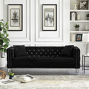 KINFFICT Velvet Sofa Couch, Modern Upholstered Living Room Sofa with 2 Pillows, 3 Seat Sofa with Nailhead Trim, Jeweled Button Tufted, Chrome Metal Legs (Black, 3 Seat)