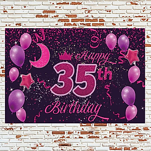 Sweet Happy 35th Birthday Backdrop Banner Poster 35 Birthday Party Decorations 35th Birthday Party Supplies 35th Photo Background for Girls,Boys,Women,Men - Pink Purple 72.8 x 43.3 Inch