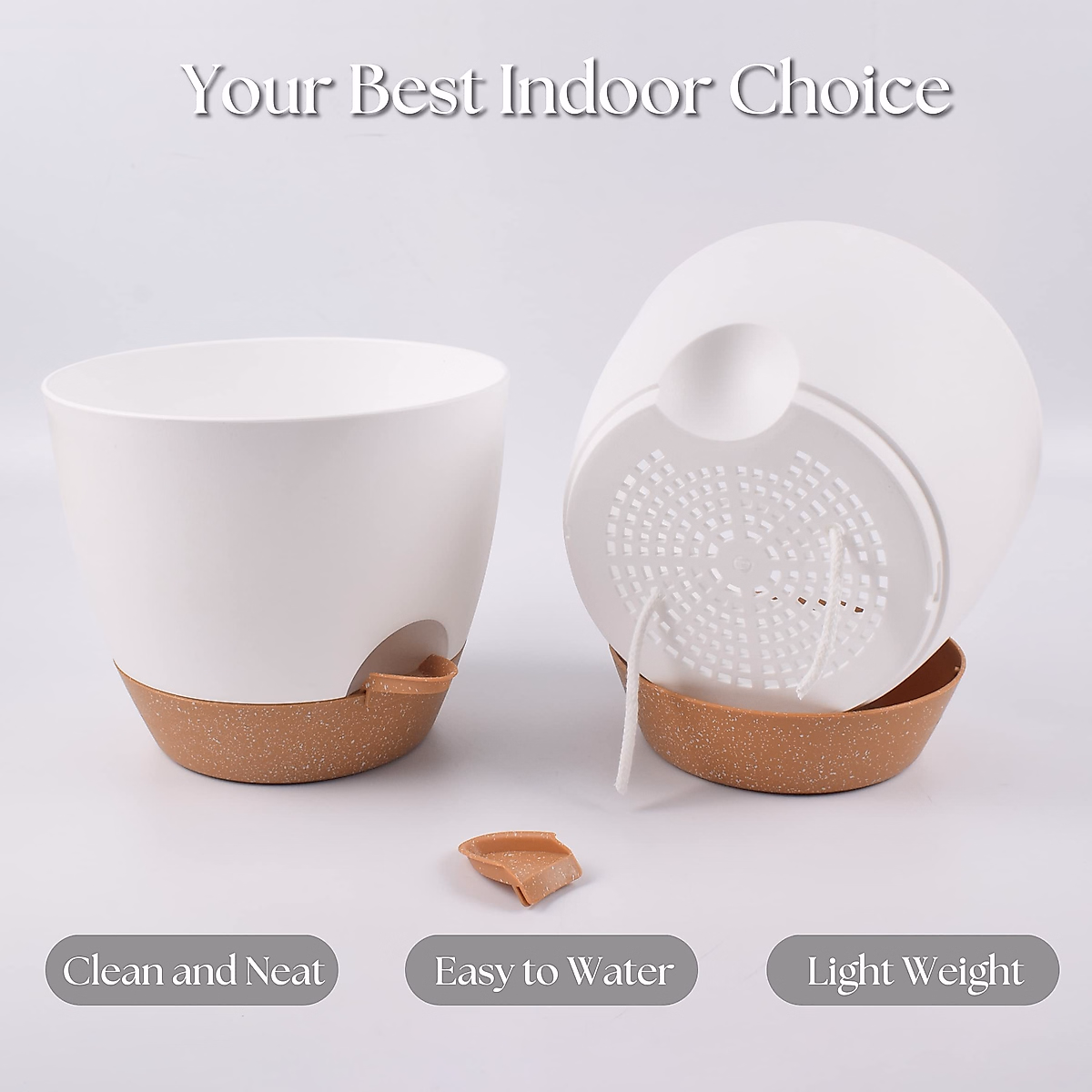 Giraffe Creation 9 inch Plant Pots 2-Pack, Self Watering Flower Pots Indoor Outdoor, Planters with Drainage Hole Saucer Reservoir, White Brown