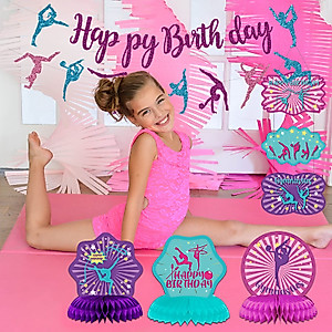 Gymnastics Party Decorations, Gymnastic Birthday Party Supplies with Birthday Banner, Honeycomb Centerpieces, Gymnastics Party Latex Balloons for Girls Gymnastics Theme Dance Party (A)