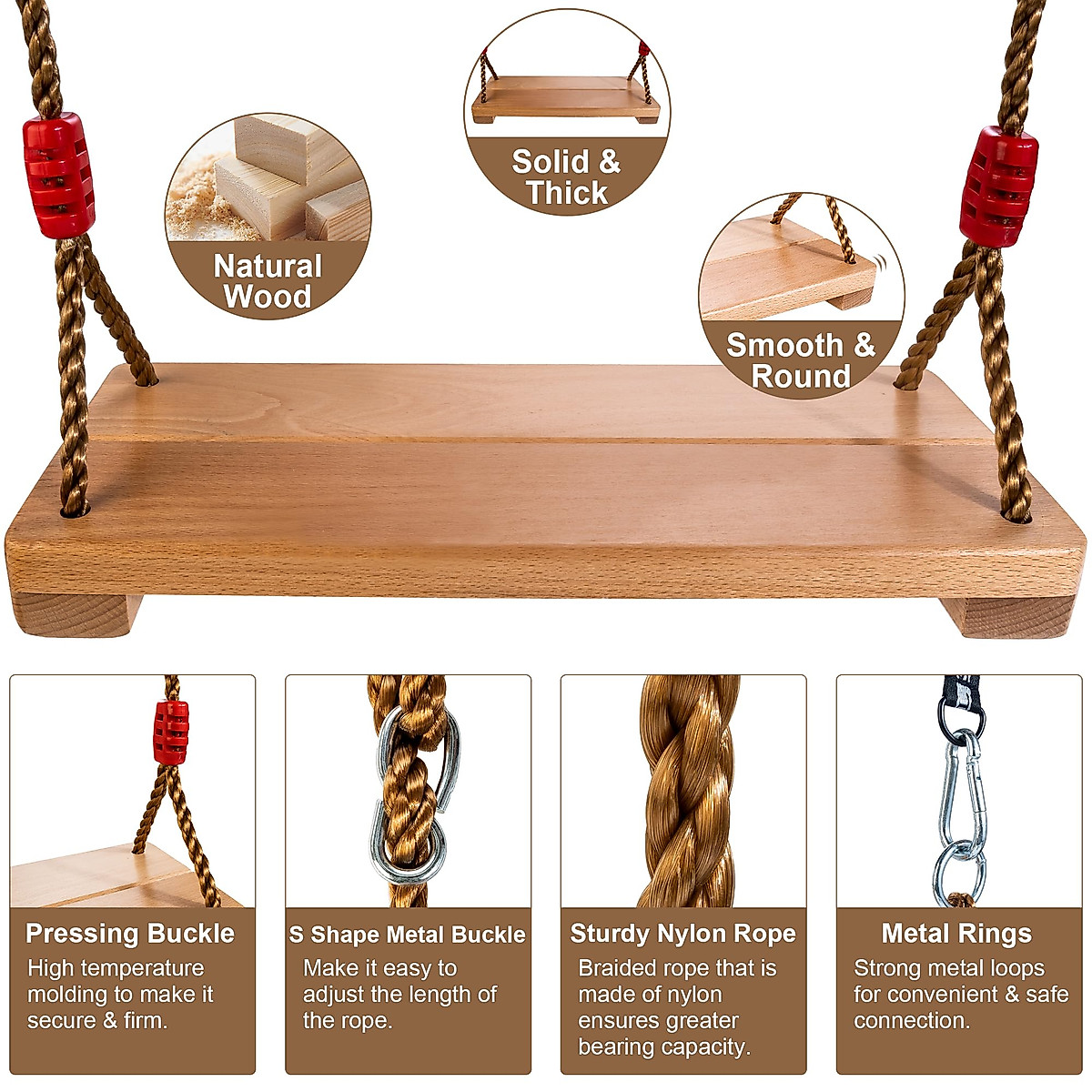 JUSTWOOD Tree Swing, Beech Swing Seat for Kids Adults with 400lbs Load, Wooden Swing Accessories with Adjustable Nylon Rope,Indoor Room Swing,Outdoor Wood Swing Set 16.9"x6.9"x1.7".