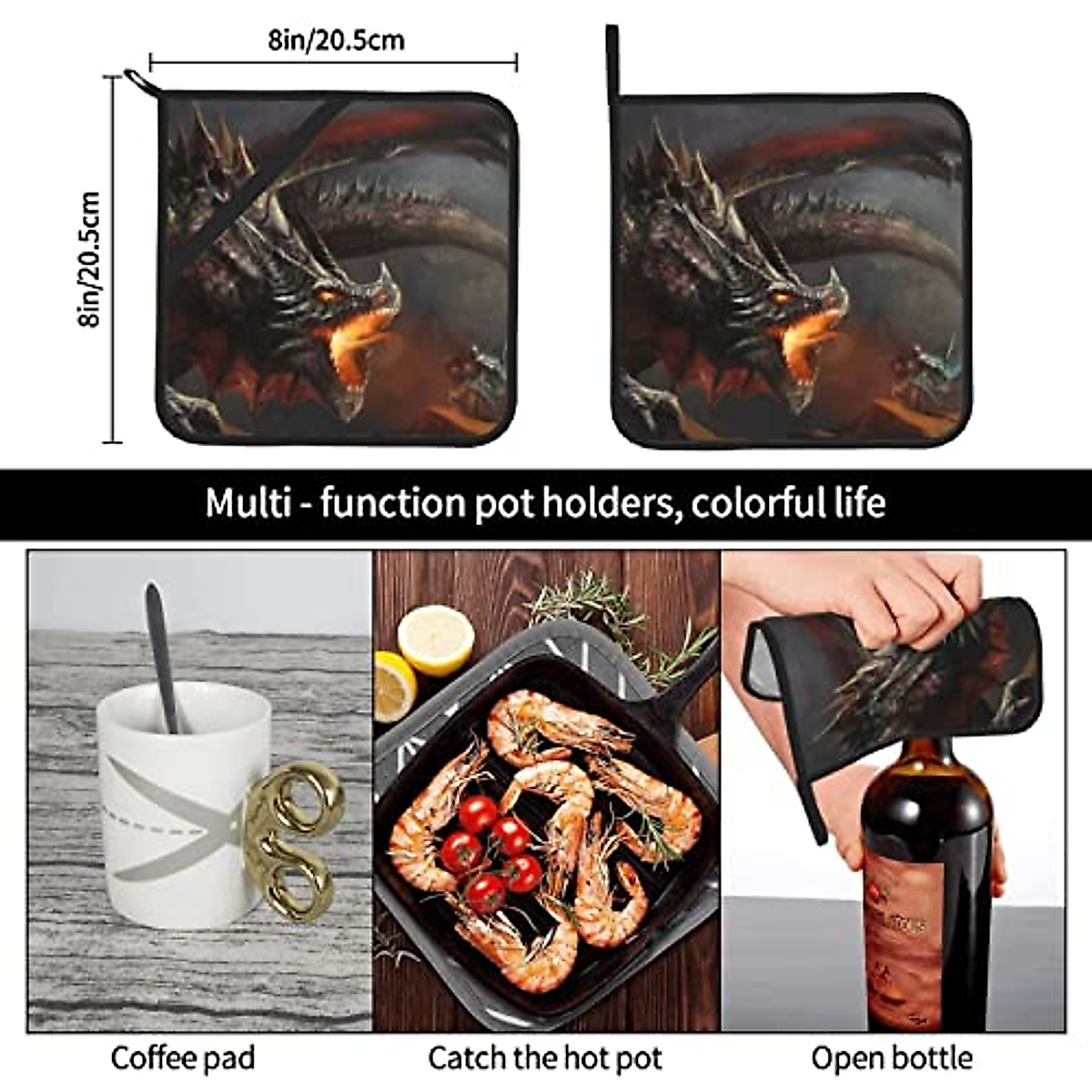 Knight Fighting Dragon Kitchen Pot Holders Hot Pad, Potholders Hot Pads for Kitchen,Washable Pot Holder Oven Mitts,Heat Resistant Hot Pad Kitchen Decor Accessories for Cooking and Baking（2 Sets