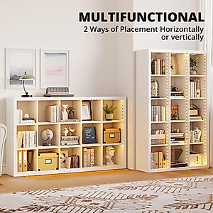 IRONCK 15 Cube Bookcase Storage Shelf Organizer with LED Lights, 5 Tier Bookshelves and Bookcases Display Shelves, Horizontally or Vertically Use, White