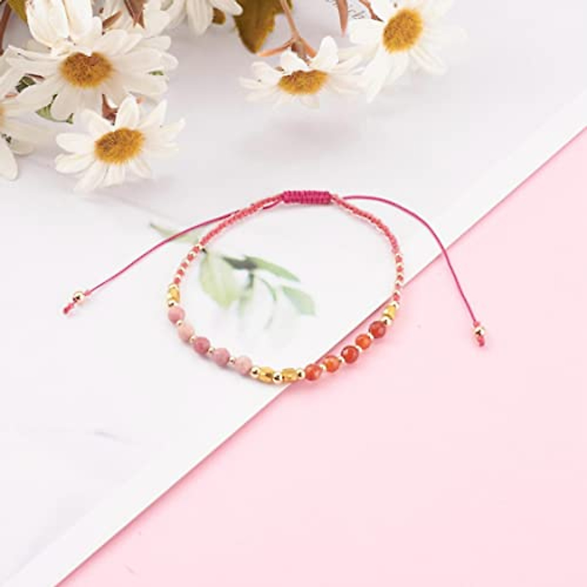 Mother's Ray True Friendship Affirmation Bracelet – Rhodochrosite and Agate Beaded Bracelets – Genuine Gemstones and Crystals Bracelet for Women – Adjustable Nylon Cord for Comfortable Wear