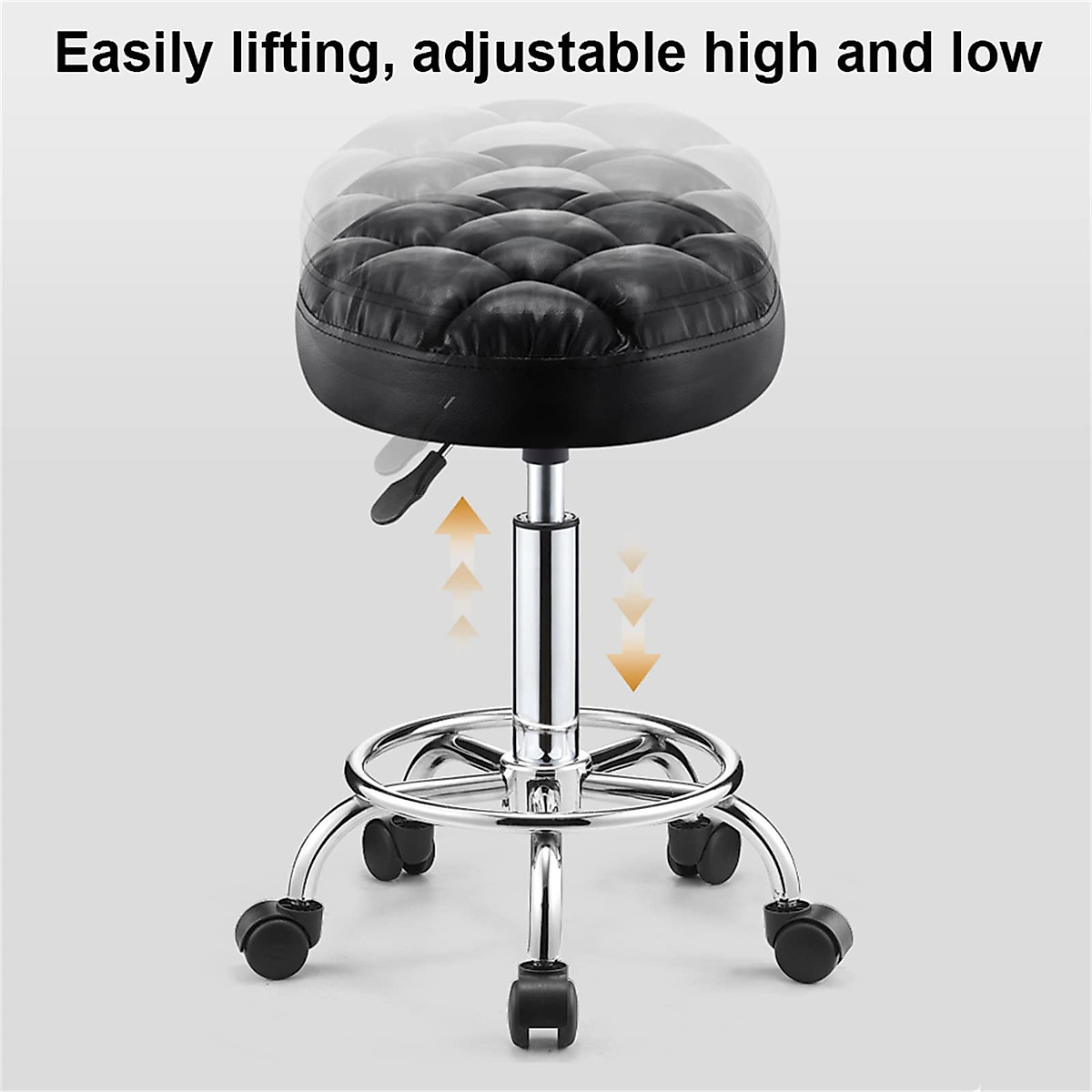 JHKZUDG PU Leather Round Rolling Stool with Wheels,360°Swivel Height Adjustable Stool Chair, Modern Round Rolling Stool with Footrest, for Home Work Spa Salon Massage Stools,Red