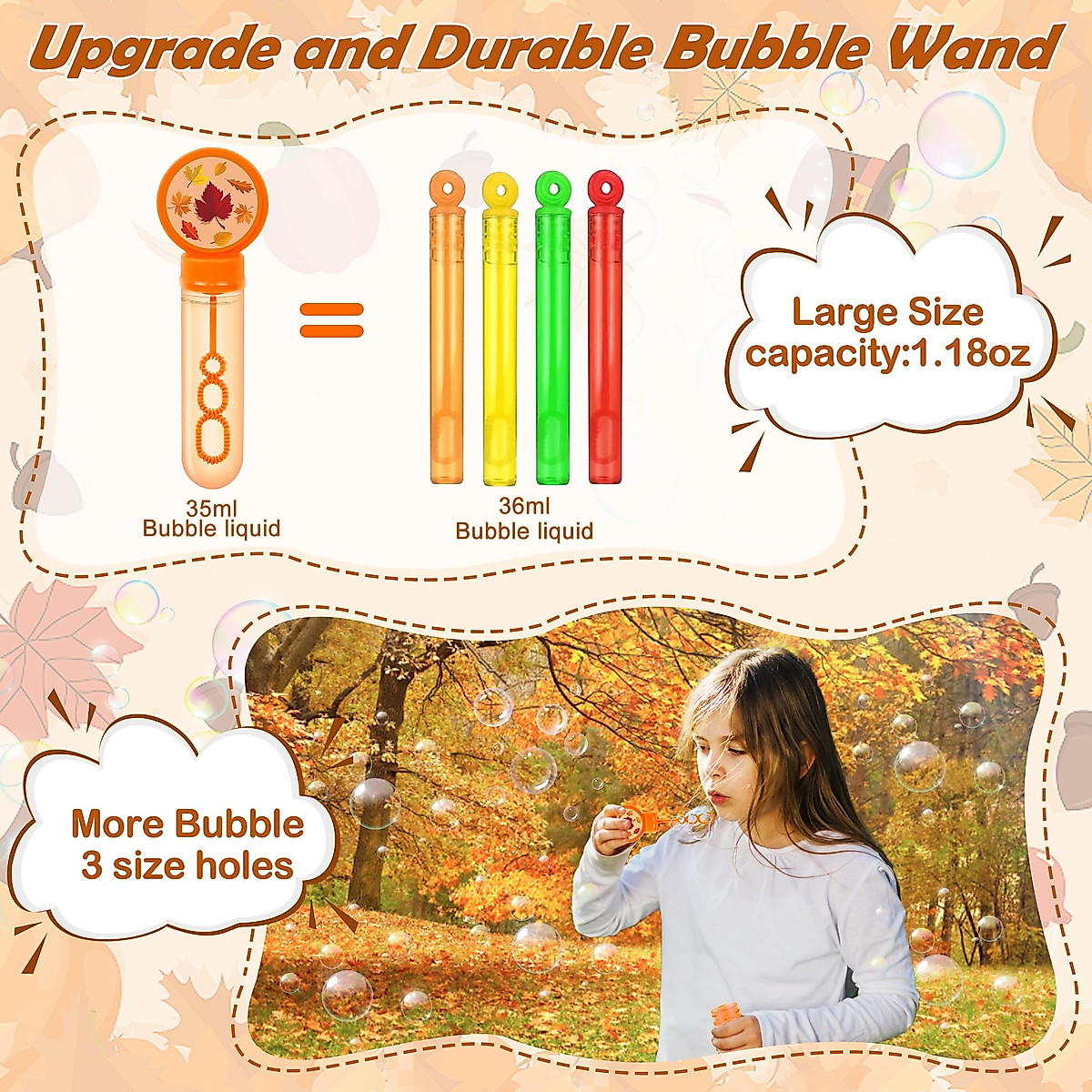 24 Pack Fall Party Favors Bubble Wands - Maple Leaves, Pumpkins, and Turkey Designs, Bubble Toys for Fall Thanksgiving Party Favors Goodie Bag Stuffers Classroom Prizes Thanksgiving Gifts
