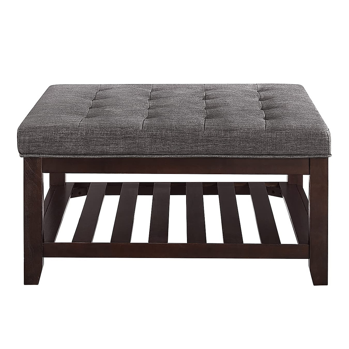 24KF Large Square Upholstered Tufted Linen Ottoman Coffee Table, Large Footrest Ottoman with Solid Wood Shelf-Dark Gray