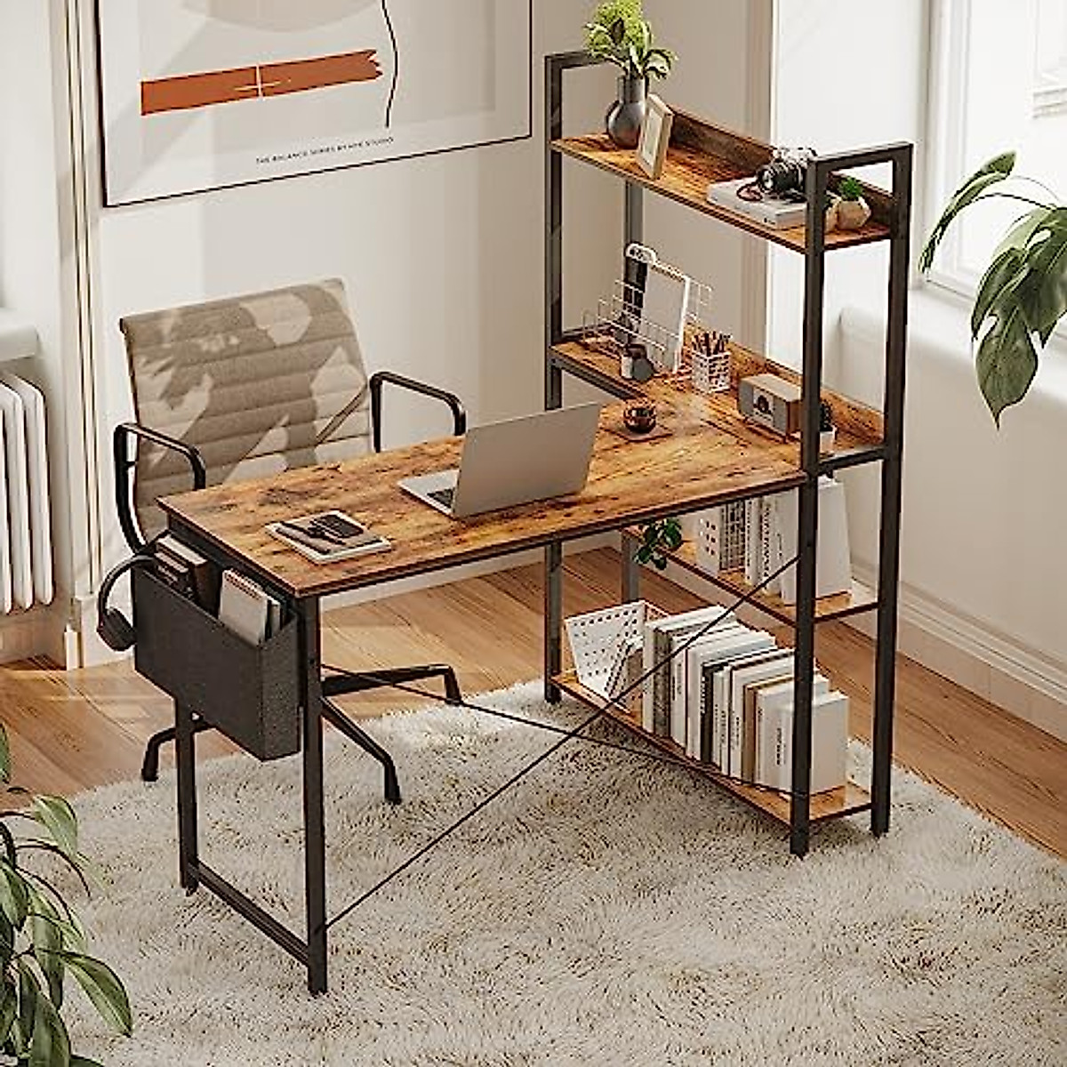 SiliBamb 47 Inch Computer Desk for Home Office, Small L Shaped Desk with Shelves, Corner Desk with Storage, Home Office Desks, Writing Study Desk, Brown