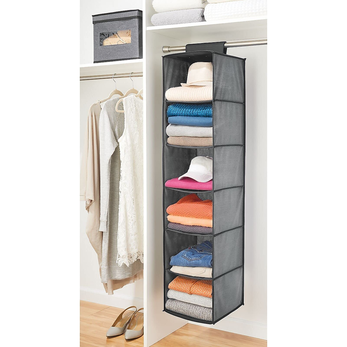 mDesign Long Soft Fabric Over Closet Rod Hanging Storage Organizer with 6 Shelves for Clothes, Leggings, Lingerie, T Shirts - Textured Print with Solid Trim - 2 Pack - Charcoal Gray/Black