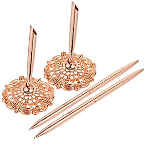 NUOBESTY Pen Stand Pen Stand Signing Pens with Hollow Round Pen Holder, 2pcs Ballpoint Writing Pen Attached to Desk for Wedding Guests Book Party Favor Office Business Guest Book Pens Rose Gold Pens