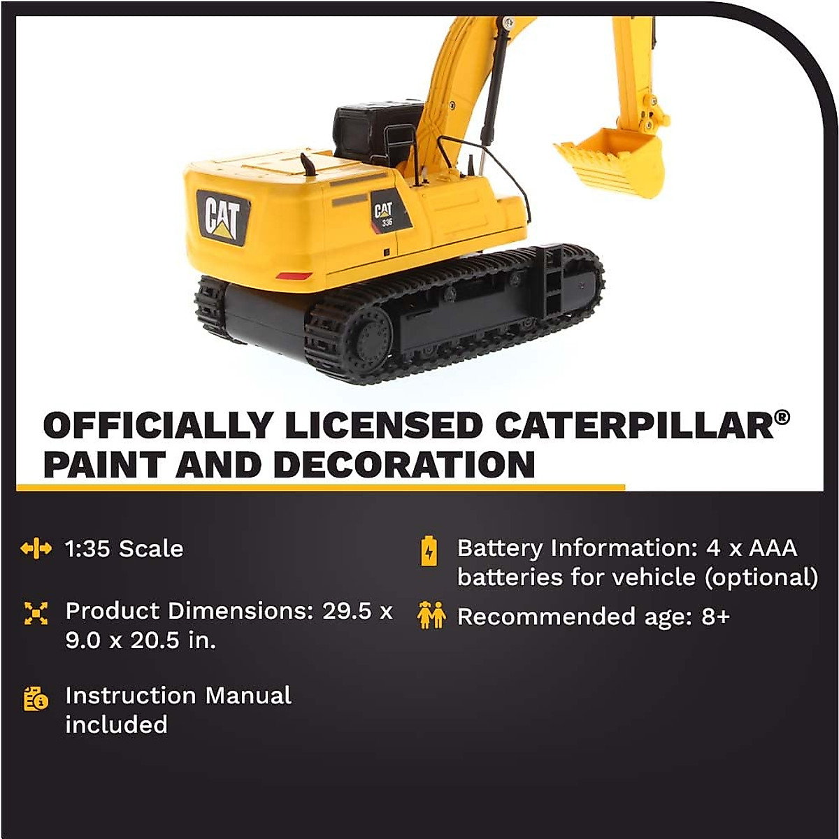 Caterpillar Diecast Masters 23001 - Remote Controlled RC Chain Excavator 336 Next Gen, Detailed, Realistic Cat Construction Vehicle in 1:35, Approx. 29.5 x 9 x 15 cm, Approx. 25 m Range, from 8 Years