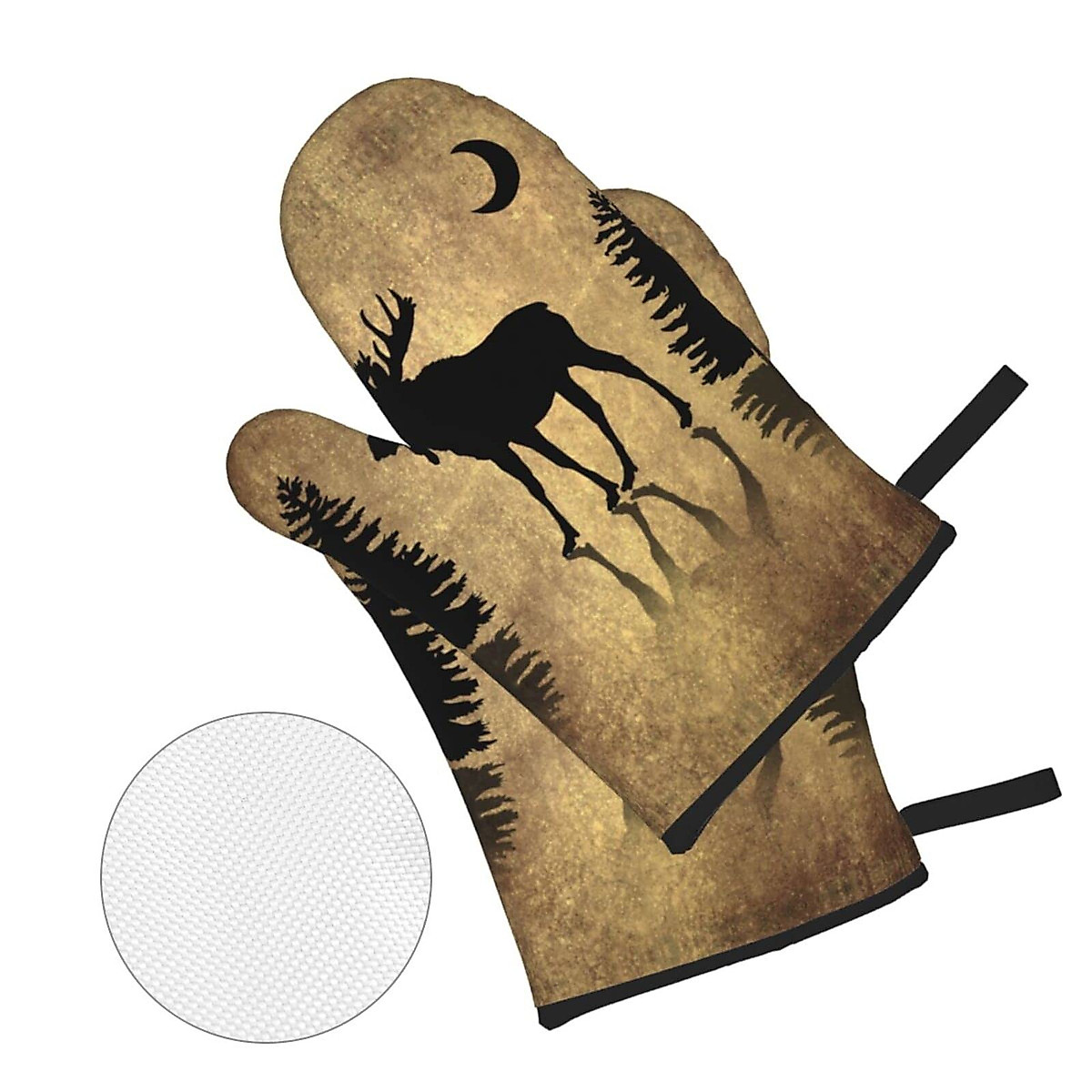 DONMYER Rustic Elk Moose Deer Forest Pine Tree Moon Design Oven Mitts and Pot Holders Sets of 4 Vintage Animal Heat Resistant Gloves Set Potholders for Kitchen Grilling Non-Slip, 7.2x11in+8x8in