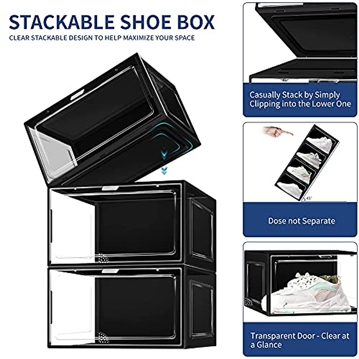 mupera X-Large Shoe Storage Box - Upgrade Black Shoe Bins(2023 New), Stackable Sneaker Storage Boxes, Hardtop Plastic Shoe Storage Organizer Bin with Lid, Sneaker Shoe Holder Containers for Closets