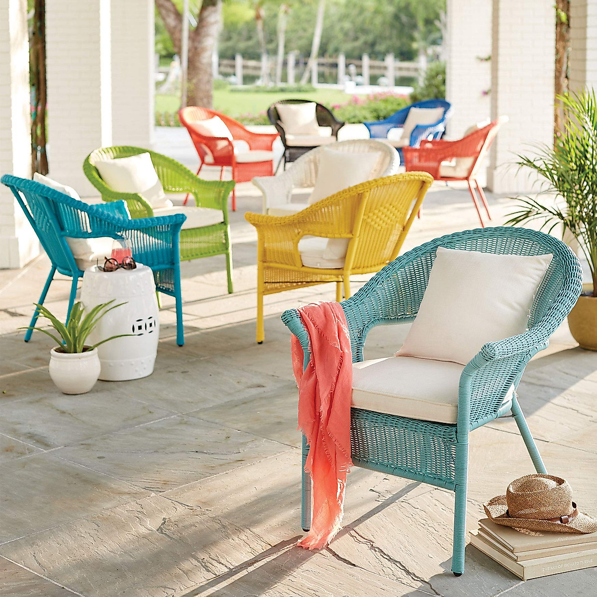 BrylaneHome Outdoor Weather Resistant Roma Hand-Woven Resin Wicker Stacking Chair + Free Seat & Back Cushions for Home, Backyard, Deck, Patio (250 Lb Capacity) - Coral