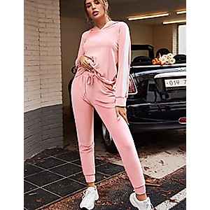 HOTOUCH Sweatsuits Set Womens 2 Piece Sweatshirt & Sweatpants Velour Hoodie Tracksuits Sportswear with Pocket,Stripe Pink, XL