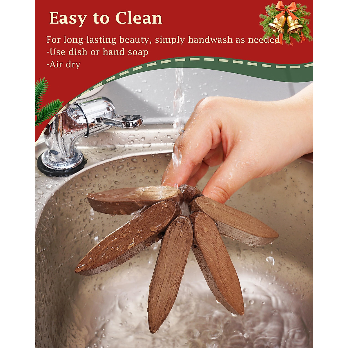 Wooden Tree Coasters with Holder, Wooden Trivets for Hot Dishes Decorative Christmas Tree Shape Includes 3 Pcs Hot Plate Mats, Tree Trivets for Hot Pots and Pans, Hot Pads for Countertop, Sapele