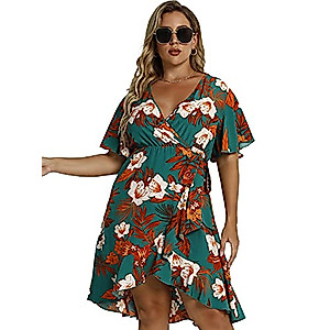 Floerns Women's Plus Size Striped Print Wrap V Neck Short Sleeve A Line Dress Green Multi 1XL