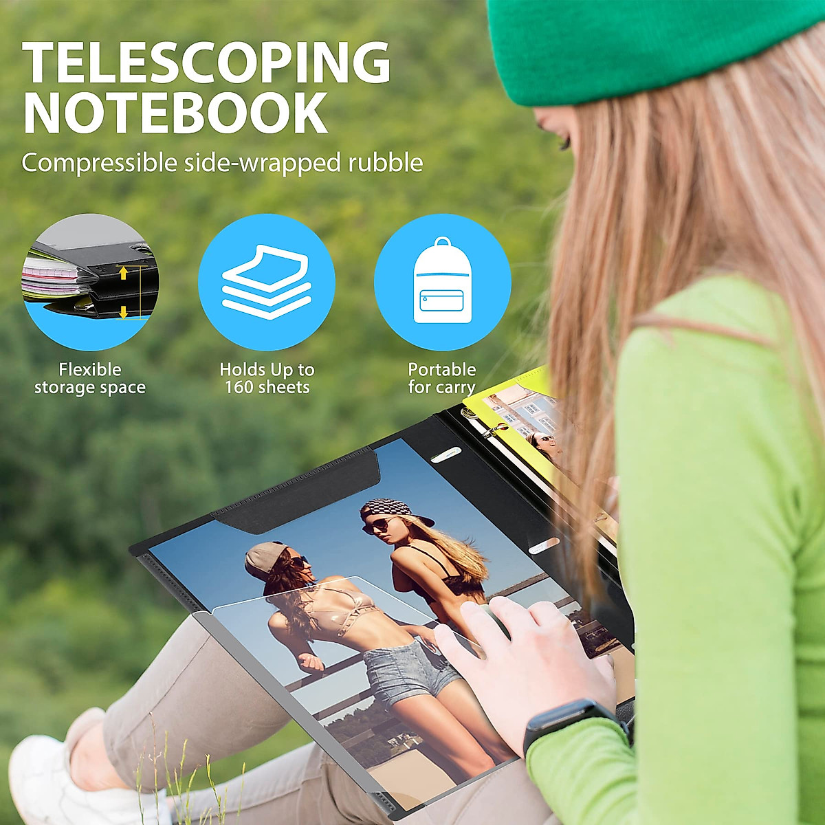 WOT I All-in-one Telescoping Binder Notebook, Refillable 3 Ring Binder with Customized Front Cover+Catalog Back Pocket+5 Subject Dividers+Movable Pocket Folder+60 Sheets Notepaper, Black