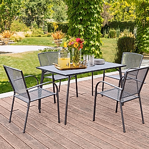 AECOJOY Metal Outdoor Table and Chairs Patio Dining Table Set for 4 Outside 51" Dining Table with Umbrella Hole Rectangle Table and 4 Stackable Chairs, Patio Furniture Set for Garden Backyard Balcony