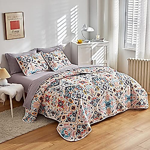 FlySheep 3-Piece Lightweight Bohemian Geometric Full Queen Quilt Set, Colorful Chic Aztec Pattern Summer Bedspread/Coverlet, Brushed Microfiber for All Season - 92" x 90"