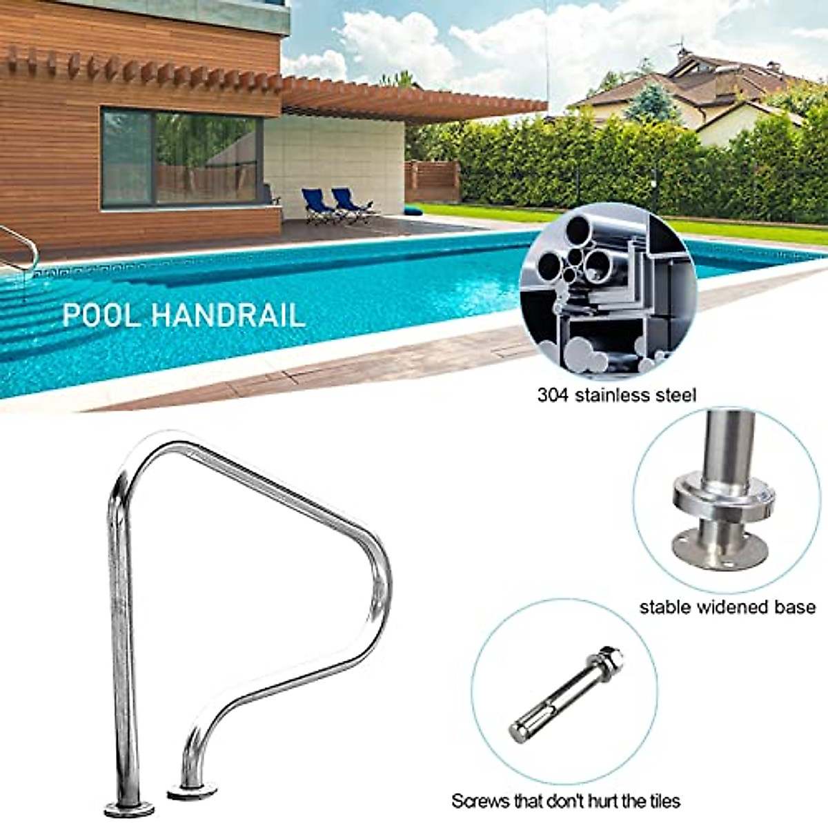 Pools Handrails Stairs Railing - Complete Kit ，304 Stainless Steel Swimming Pool Safey Handrail for Inground Pool Entrances Outdoor Spa Garden Backyard