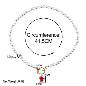 Asphire Vintage Pearl Necklace with Ruby Heart Pendant Elegant Bridal Crystal Gem Necklace Toggle Clasp Choker Necklace for Women Wedding Festival Gift