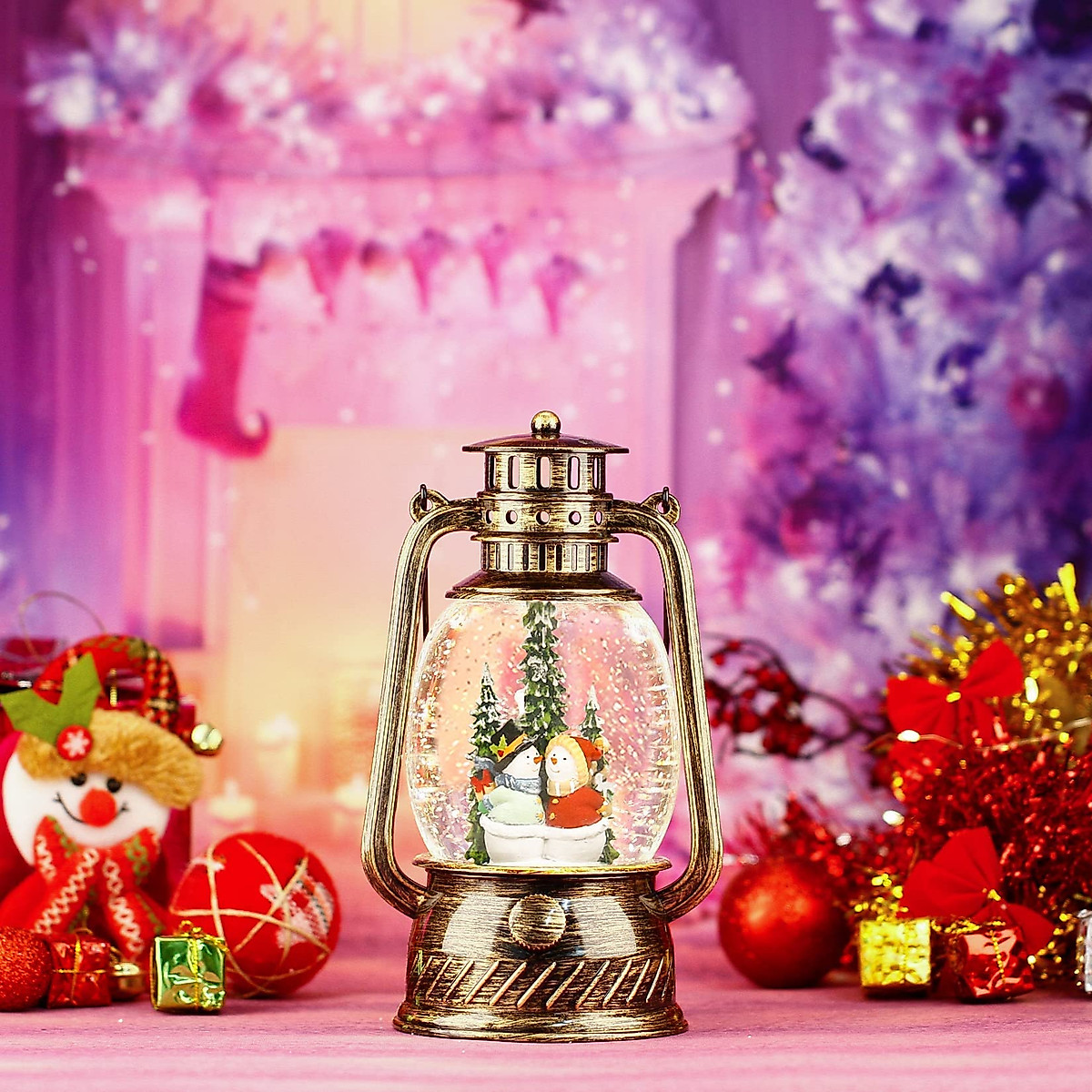 Christmas Snow Globes with Two Cute Snowman, Kikth Snowglobes Christmas Lantern Glitter Lighted for Christmas Decorations and Gift, Bronze