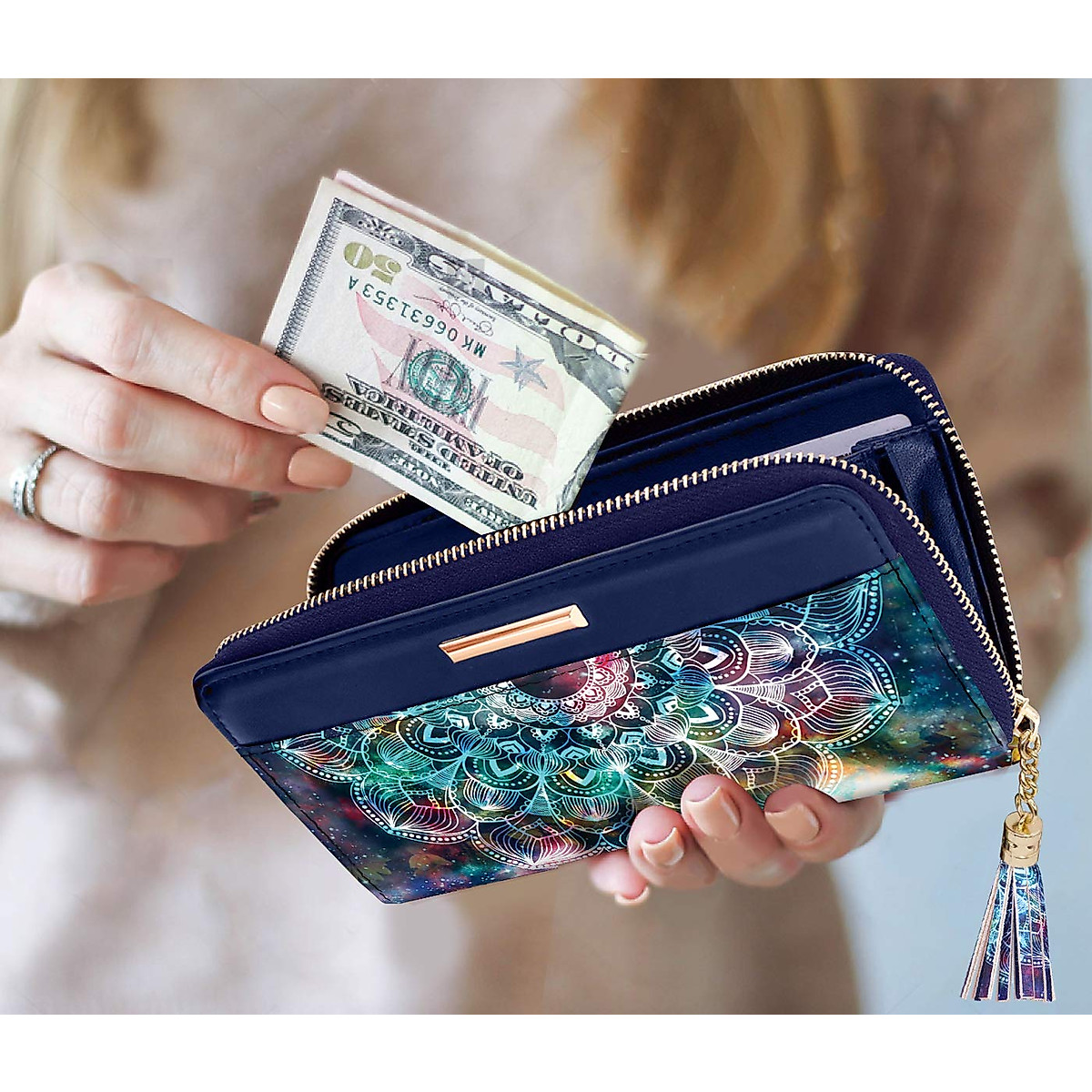 Coco Rossi Women Wallets Multi Card Case Wallet Clutch Wallet Card Holder Organizer Ladies Purse Floral Tassel Wrist strap Purse,Mandala Nebula
