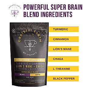 Grateful Earth Super Brain Blend Instant Gourmet Espresso Black Coffee with Nootropics 20 Packets Microground Robusta and Arabica Coffee with Turmeric, Cinnamon, Black Pepper