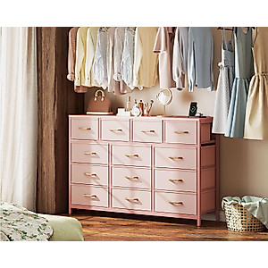 Casaottima Dresser for Bedroom with Charging Station, 57" Long Dresser with 13 Storage Drawers, Large Fabric Dressers Chests of Drawers with Shelves, Pink