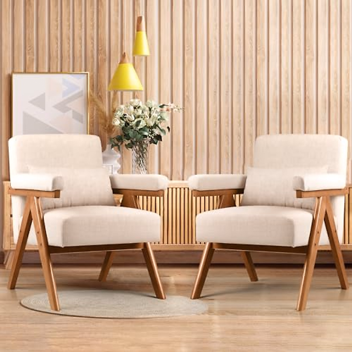 Waleaf Mid Century Modern Accent Chairs Arm Chair Set of 2 with Padded Armrests, Upholstered Chair for Living Room Bedroom Side Chair with Solid Wood Frame Corner Chair (Beige - Set of 2)