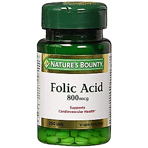 Nature's Bounty Folic Acid 800 mcg Tablets Maximum Strength 250 ea (Pack of 2)