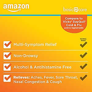Amazon Basic Care Daytime Cold and Flu Relief, Non-Drowsy, Liquid Medicine, Original Flavor, 12 fl oz (Pack of 1)