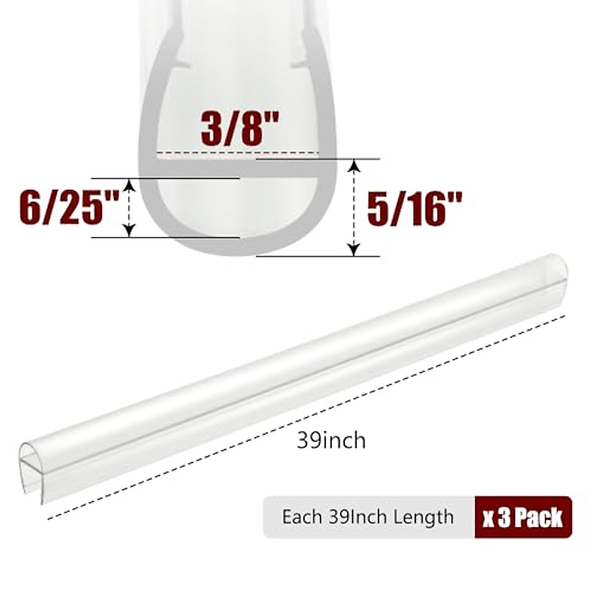 KOLAKO Shower Door Seal, 3 Pack x 39Inch Glass Shower Door Sweep for 3/8Inch Frameless Shower Door Side Seal U-Type Door Seal Strips Waterproof Door Sealing Jam Stop Leak